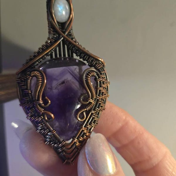 Natural Amethyst, Moonstone Pendant Copper Wire Wrapped Pendant ...