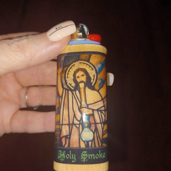 Holy Smoke Jesus Smoking Holding Pipe Lighter Case Holder Sleeve Cover ...