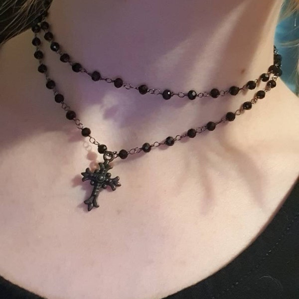 TEXTURED CHAIN CROSS Gunmetal Black Necklace Choose Single or Double ...
