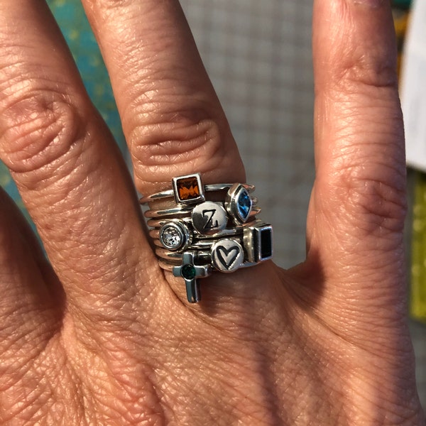 Stackable Sterling Silver Family Birthstone and Initial Ring Set ...