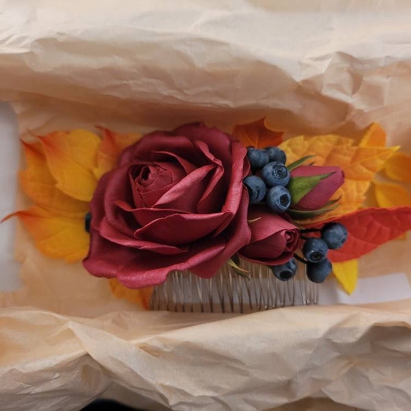Fall Wedding Hair Comb Autumn Headpiece Burgundy Flower Hair Piece ...