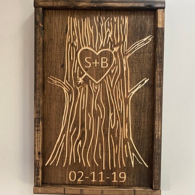 Initials in Heart Tree, Couples Name Sign, Carved Names, Engraved ...