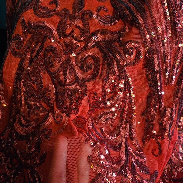 Red Lace Fabric/beads & Red Sequin on Red Sheer Mesh, Perfect Wedding ...