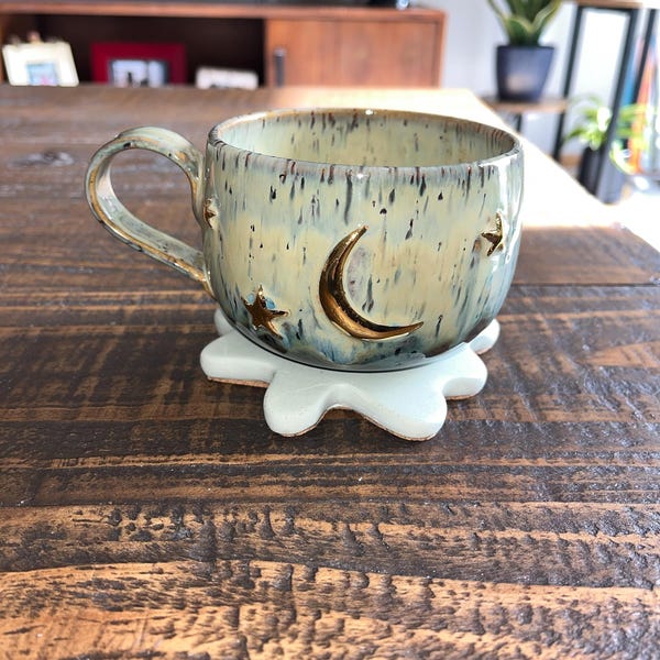 Celestial Mug: Handmade Pottery Coffee Cup With Gold Moon & Stars - Etsy