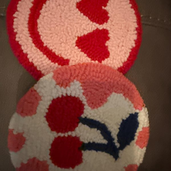 Pink Bow Coaster, Cherry Punch Needle Coaster,cherry and Bowl Mug Rugs ...