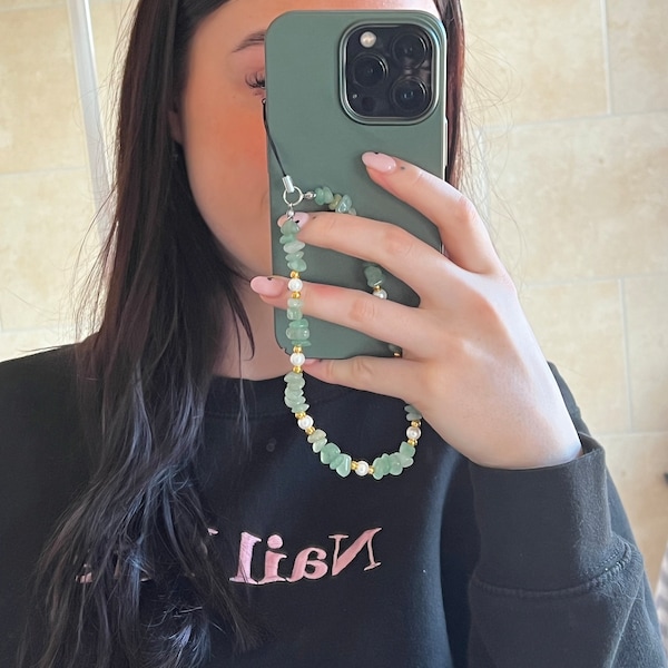 Pesonalised Aventurine and Pearl Phone Chain Strap, Green Crystal Chip ...