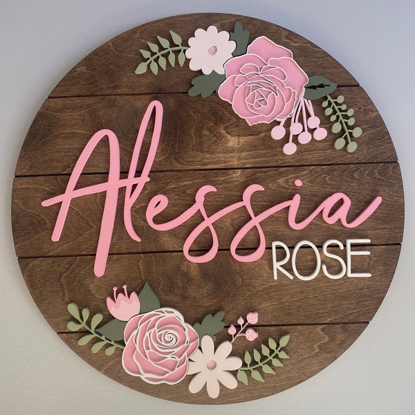 Round Floral Shiplap Baby Name Sign for Nursery or Shower Decor Flowers ...