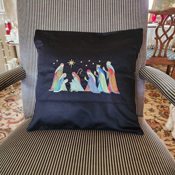 Nativity Scene Embroidered Christmas Pillow Cover, Holiday Pillow Cover ...