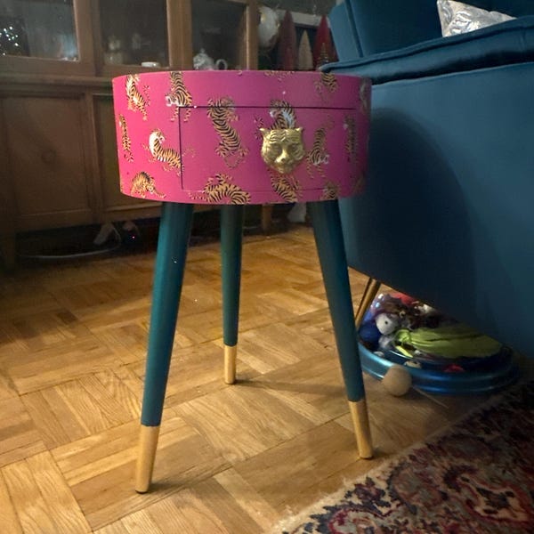 Pink Tiger Square Bedside Table, Two Drawers, Ideal Nightstand. Flamingo and Baby Pink With Gold ...