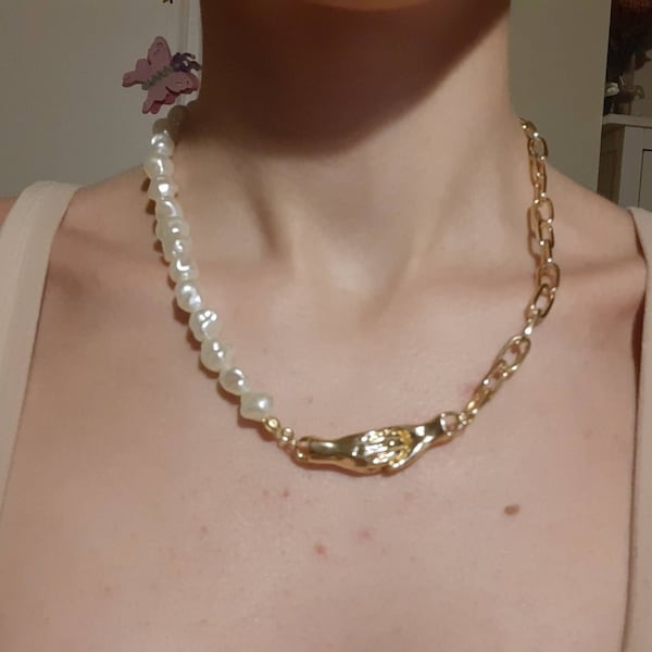 Natural Pearl Hands Necklace, Two Hands Pendant Necklace, Gold Hand ...