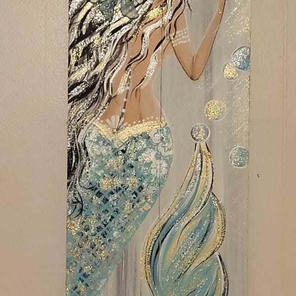 Horizontal Mermaid Original Painting on Wood in Navy’s and Aqua - Etsy