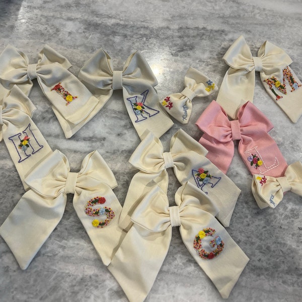 Initial Hand Embroidered Bow Custom Initial Bow Hair Bow Floral Hair ...