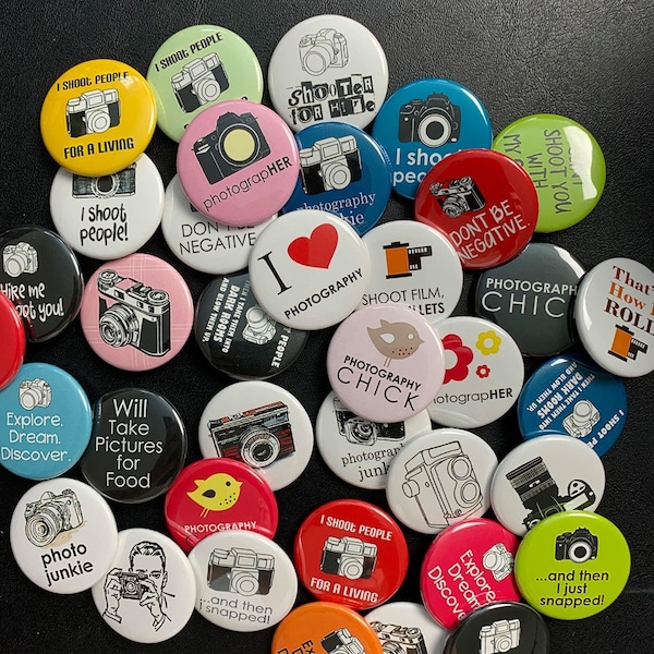 Photographer Pins (10 Pack), Photography Party Favors, 1" or 1.5" or 2. ...