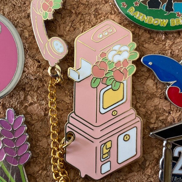 Pink Phone Enamel Pin - Aesthetic Cute Pastel Flowers Kawaii Gold Chain ...