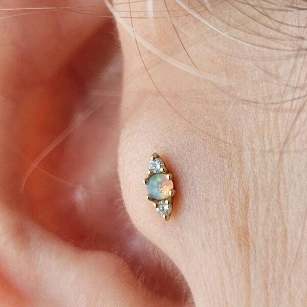 14k Solid Gold Labret Piercings, Opal Labret Piercing, Solid Gold ...