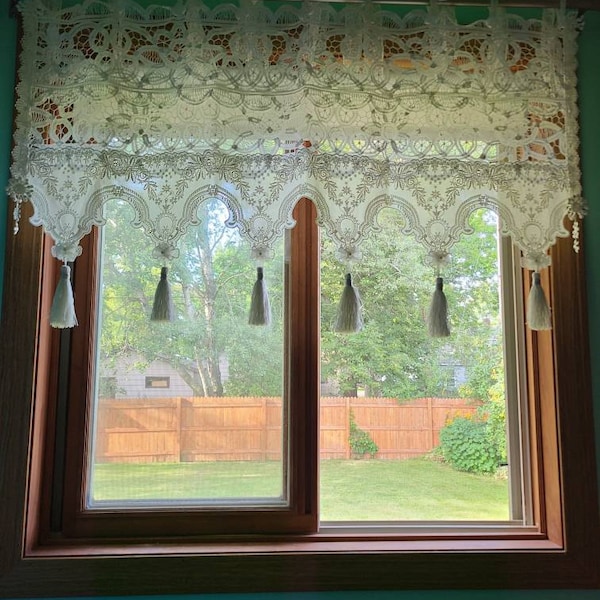 Vintage Style White Battenburg Lace Window Valance: Shabby Chic Fringed ...