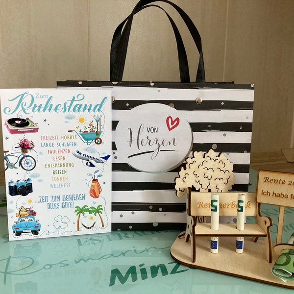 Geschenk zur Rente, große Rentnerbank mit Ortsschild, Geldgeschenk ...