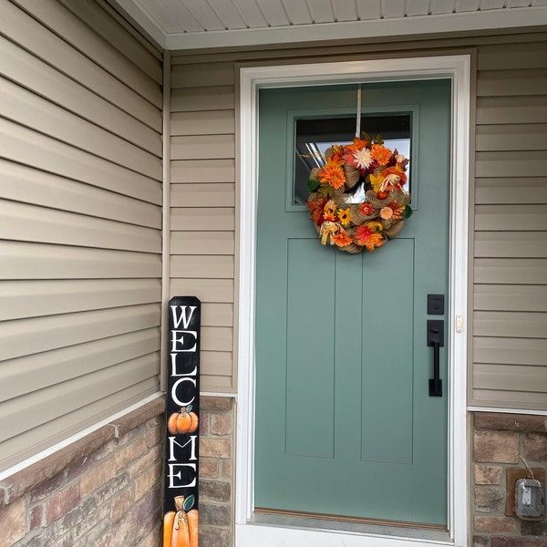 WELCOME SIGN, Fall Rustic Welcome Sign, Vertical Front Door Welcome ...