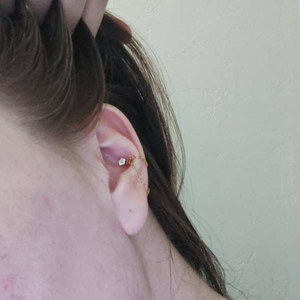 16g Dainty Flower Helix Double Chain Ear Stud, Flat Back Chain Hoop ...