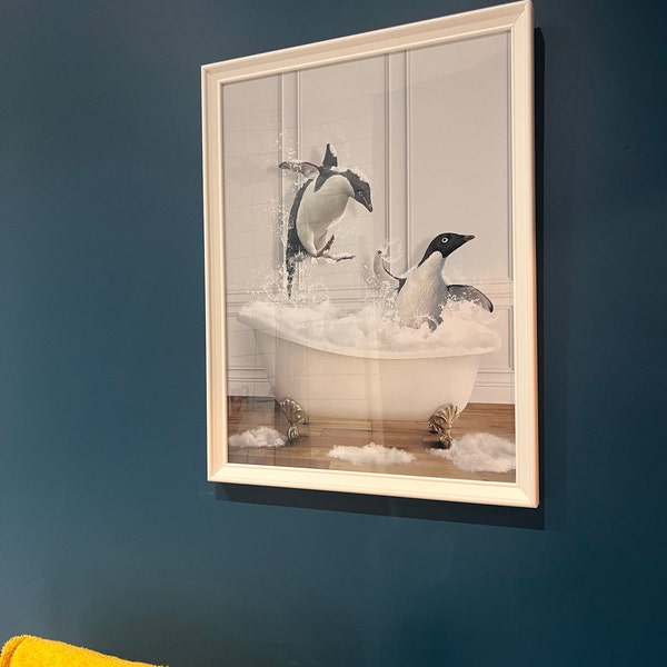 Penguins Playing in Bath Tub Print, Penguin Bathing, Funny Bathroom ...