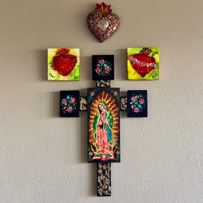 Mexican Folk Art Retablo Sacred Heart of Jesus Wood Wall Plaque by Ann ...
