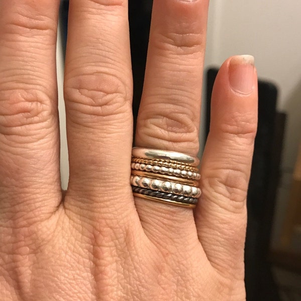 Stacking Rings, Set of 7 Sterling Silver, 14 K Solid Yellow and Rose ...