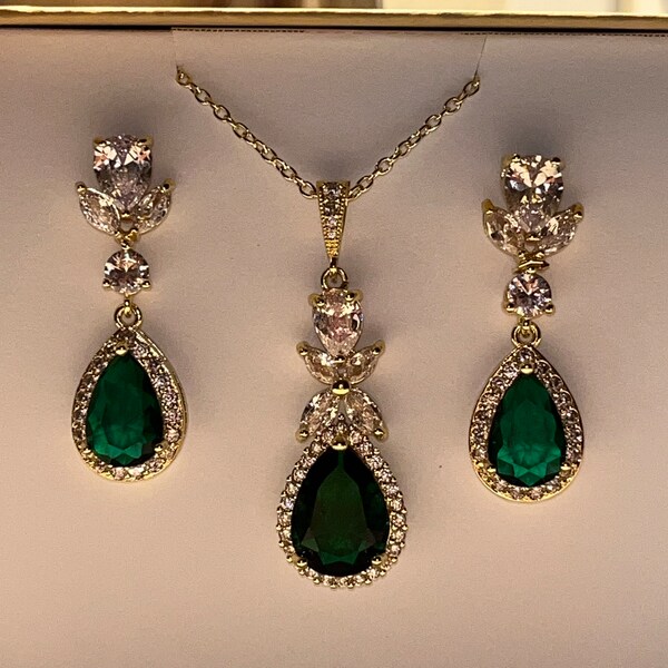 Emerald Green Bridal Necklace Earrings Set Emerald Wedding Jewelry ...