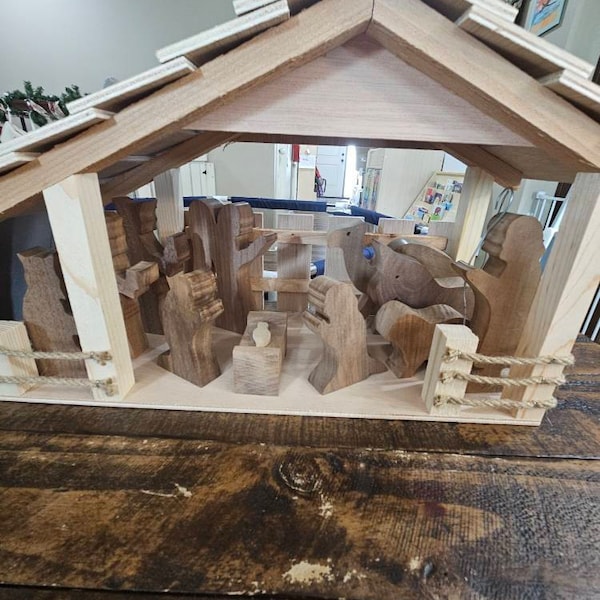 Handmade Wooden Christmas Nativity, Manger, Stable With Light. Rope ...