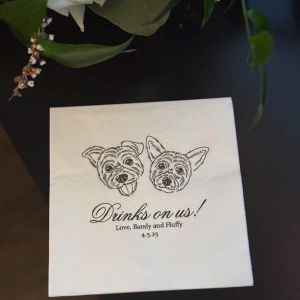 Custom Illustrated Dog Wedding Napkins, Personalized Pet Cocktail ...