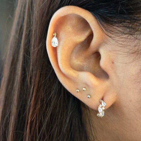 Pear Lab Diamond Droplets Dangle Stud, Hanging Pear Lab Grown Diamond Stud, 14K 18K Solid Gold ...