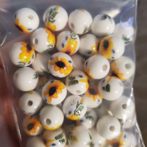 50pcs Sunflower Porcelain Beads, Floral Ceramic Round, Jewelry Making ...