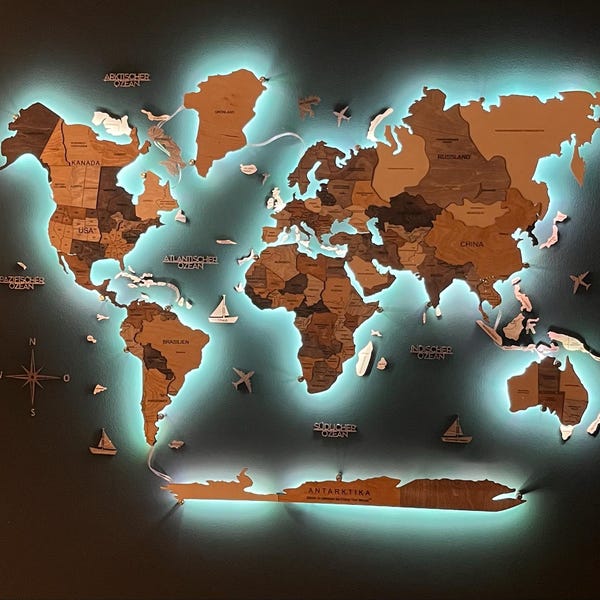 Wooden World Map With LED Backlighting, Wall Art LED, Our Travels Map ...