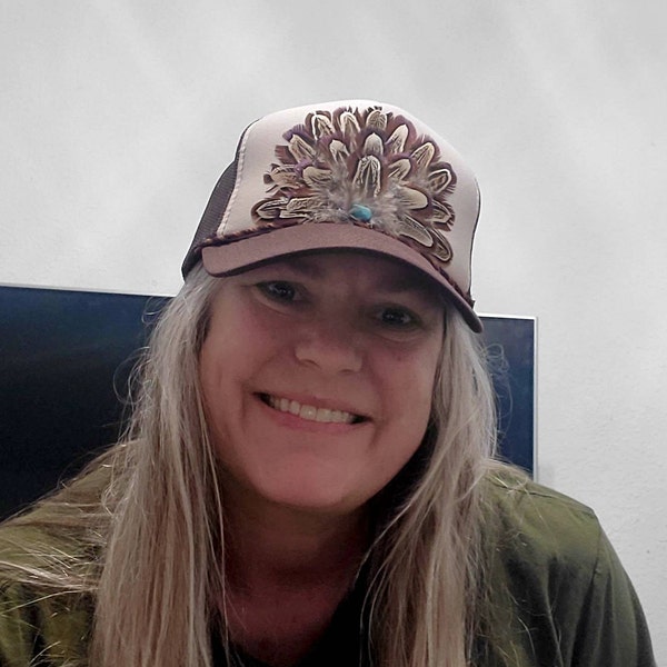 Feather Trucker Hat in Hunter Green and Khaki, Western Trucker, Cowgirl ...