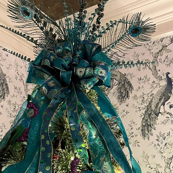 Peacock Christmas Tree Topper, Green, Ribbon Tree Topper, Peacock ...