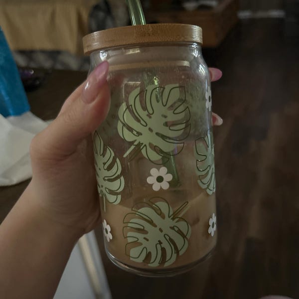 Monstera and Daisy Glass Cup / Iced Coffee Glass / Plants Glass Cup ...