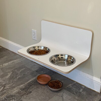 Single & Double Bowl Wall Mounted Wooden Dog Bowl Holder / Floating Dog ...