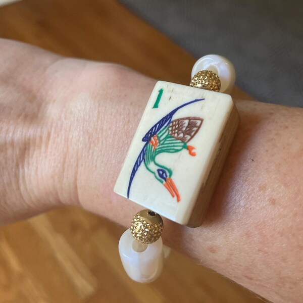 Mahjong Bracelet, Bone and Bamboo or Wood Mahjong Tile Beaded Stretch ...