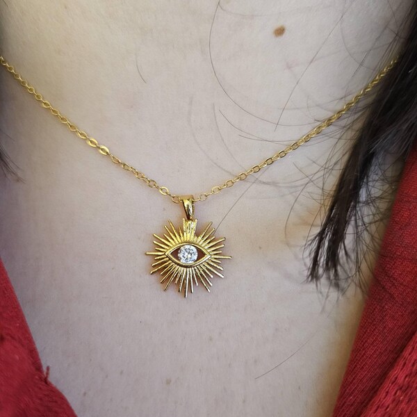 Gold Plated Dainty Evil Eye Sun Pave Necklace, Protector Necklace, Tiny ...