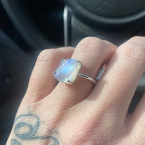 Raw Moonstone RHODIUM PLATED Ring , Raw Crystal Ring, Rainbow Moonstone ...