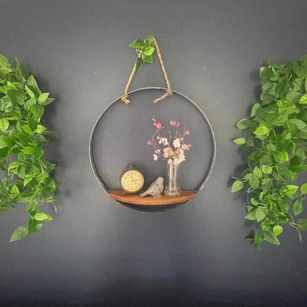 Rustic Wine Barrel Hoop Hanging Shelf - Handmade Nautical Rope Decor ...
