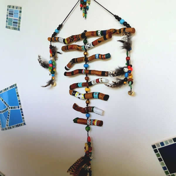 Wall Hanging Totem, Wood and Beads Ceramic Amulet, Tribal Style ...