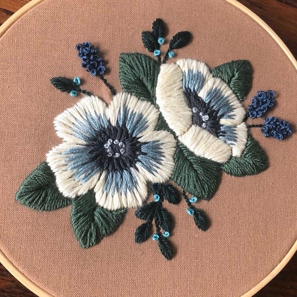 White Anemone Embroidery Pattern. Beginner Embroidery. PDF Embroidery ...