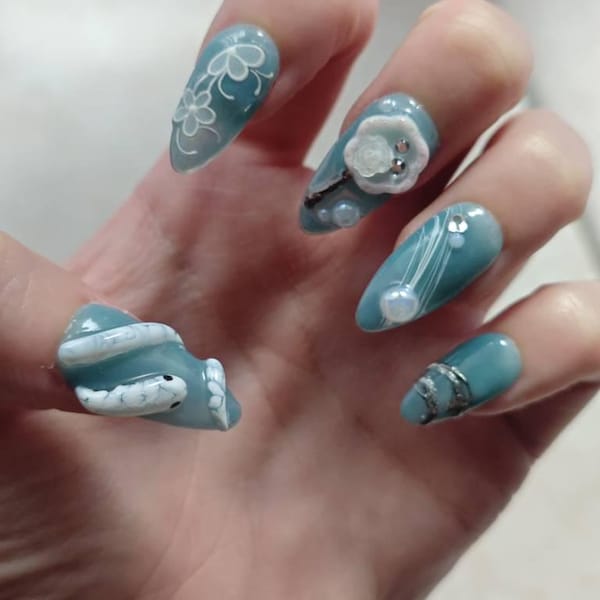 3D Flower Freestyle Medium Almond Press on Nails, Ombre Nail | Red ...