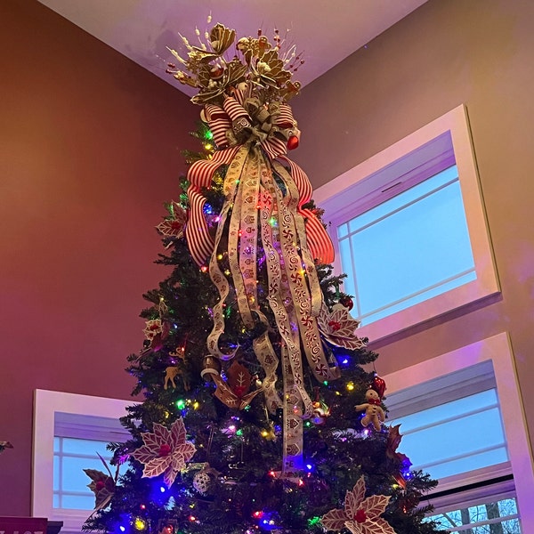 Candy Cane Themed Christmas Tree Topper Attachment With XL Bow ...