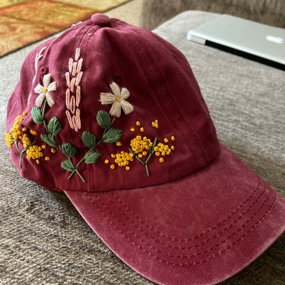 Hand Embroidered Hat, Floral Embroidered Denim Cap, Vintage Hat for ...