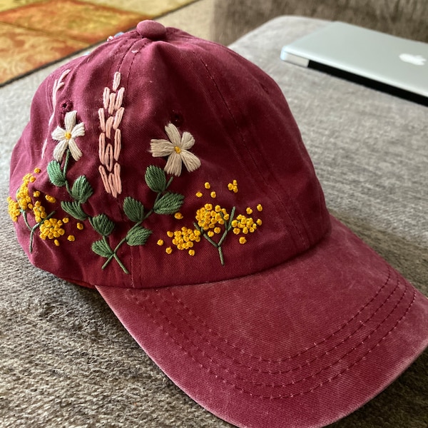 Hand Embroidered Hat, Floral Embroidered Denim Cap, Vintage Hat for ...
