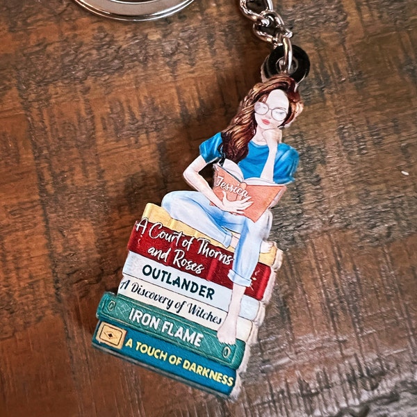 Personalized Girl Reading Book Acrylic Flat Keychain, Custom Book ...
