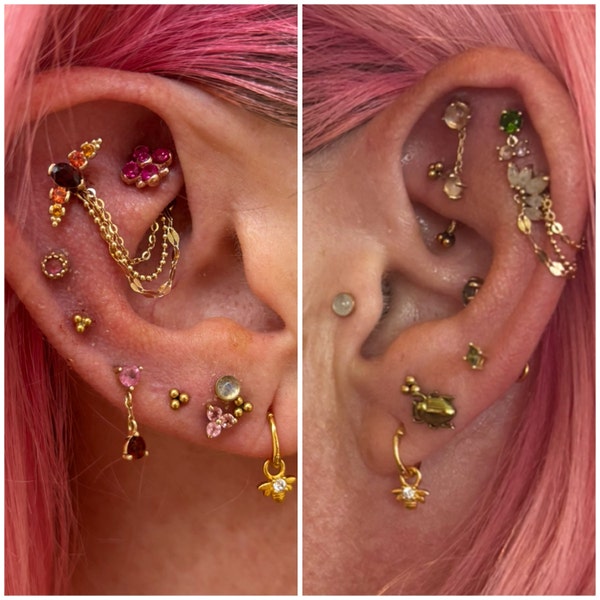 14K Solid Gold Dangle Triple Mixed Chain Attachment Sequin Chain ...