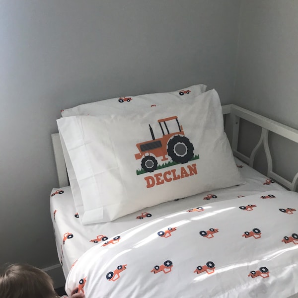 Personalized Orange Tractor Pillowcase • Farmhouse Bedding Decor - Etsy