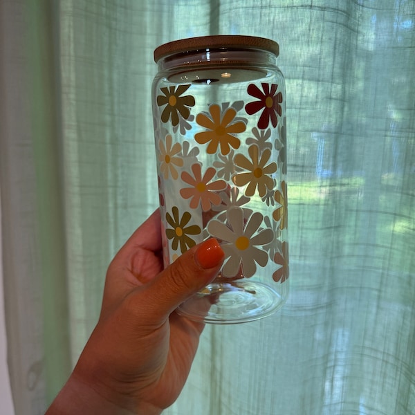 Retro Daisy Glass Cup With Lid and Straw, Boho Floral Tumbler - Etsy